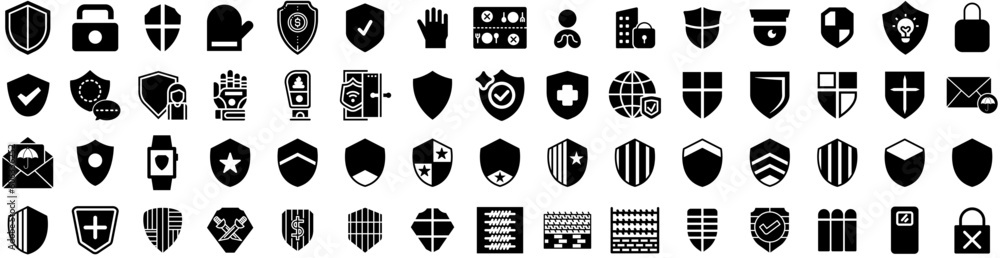 Set Of Protect Icons Isolated Silhouette Solid Icon With Shield ...