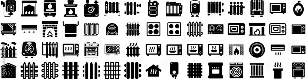 Set Of Heating Icons Isolated Silhouette Solid Icon With Home, Energy ...