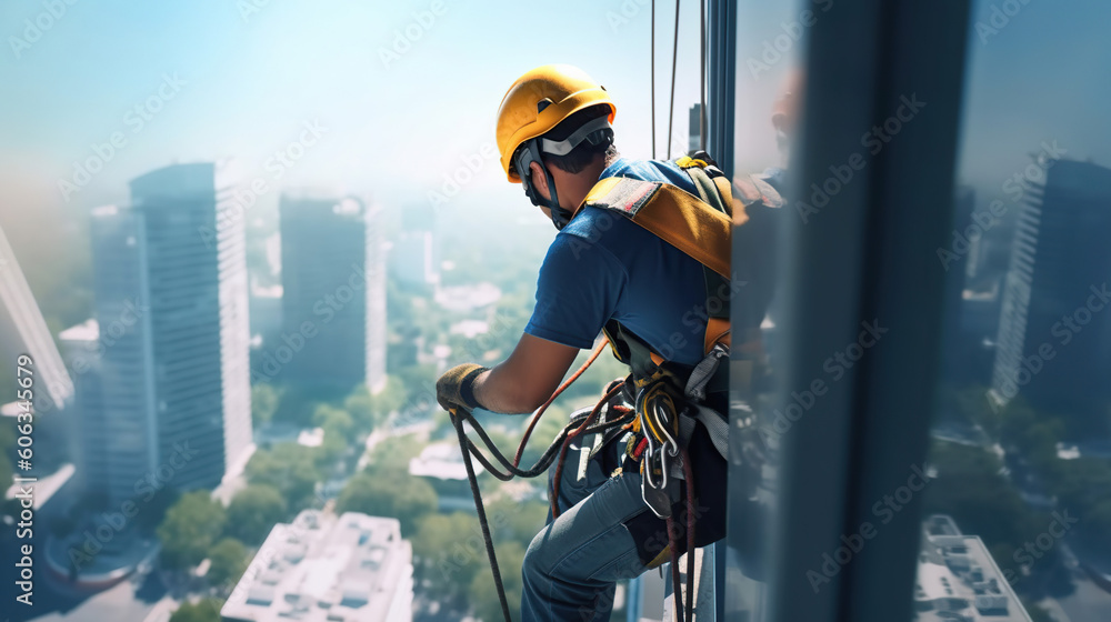 The man worker climbing at construction site with helmet and uniform ...