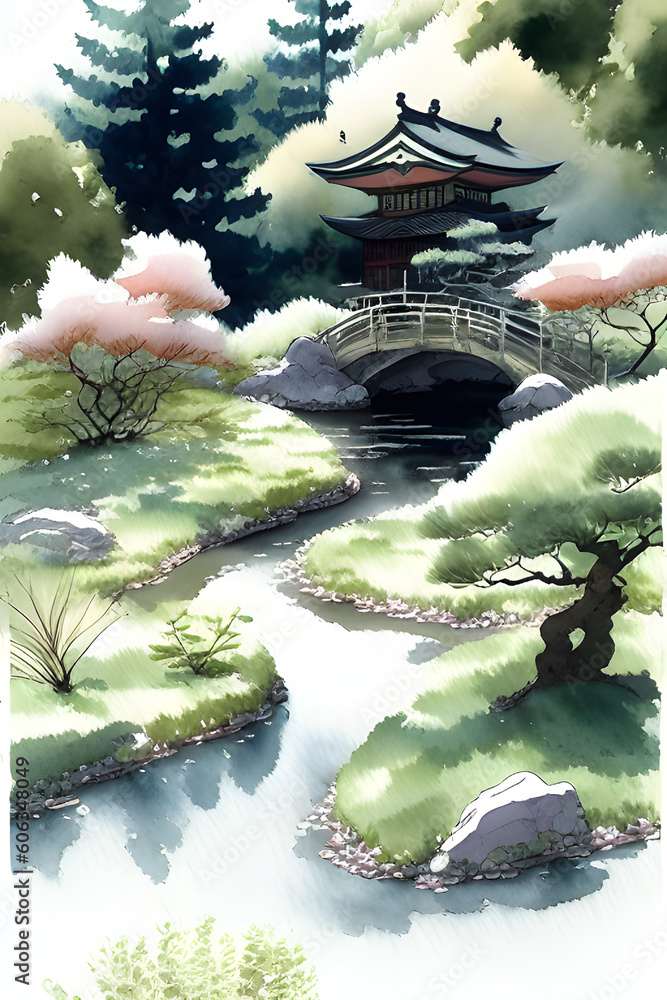 Japanese landscape in watercolor with a fairy garden feel and a muted ...