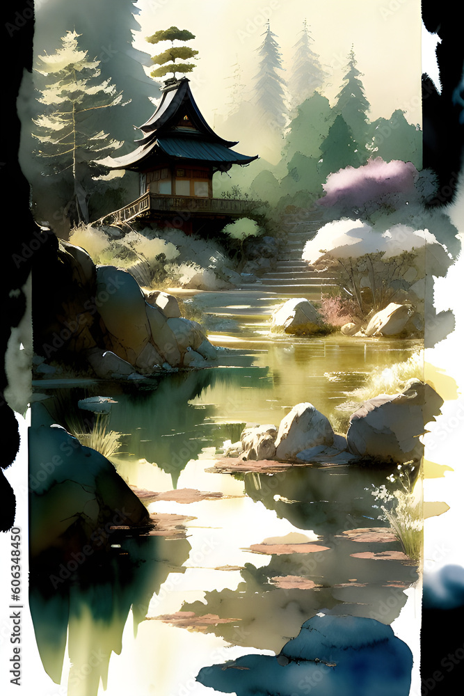 Japanese landscape in watercolor with a fairy garden feel and a muted ...
