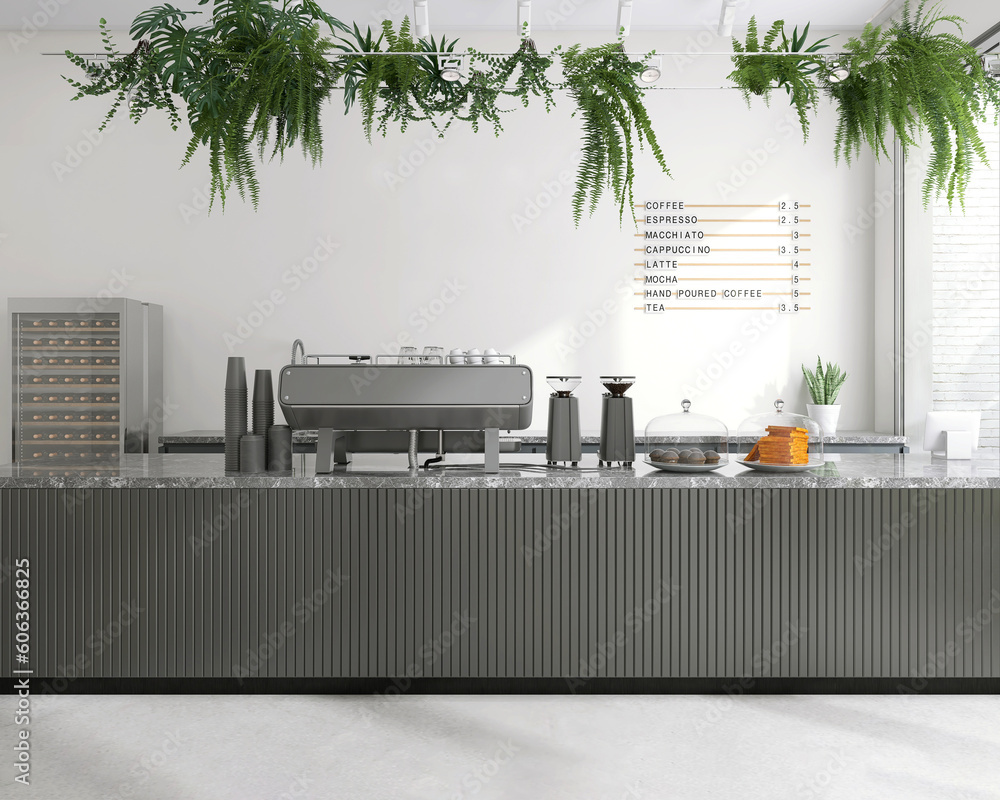 Modern design cafe, gray wood panel counter, marble top, professional ...