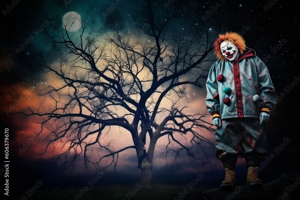 Scary evil clown wear jacket standing on timber over dead tree, stars ...