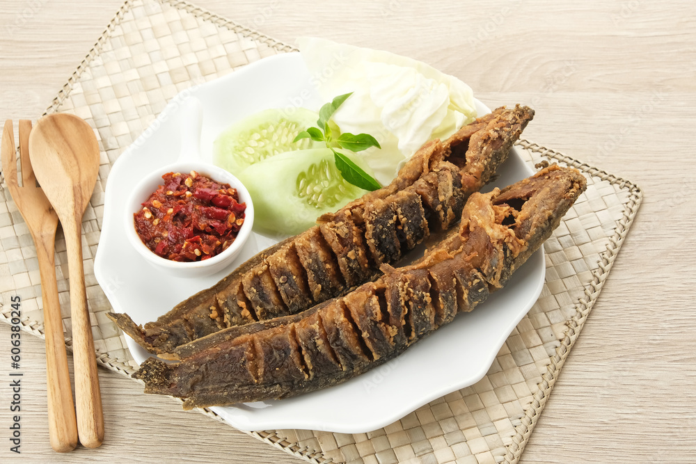Lele Goreng or Fried Catfish, Indonesian traditional food. Served with ...