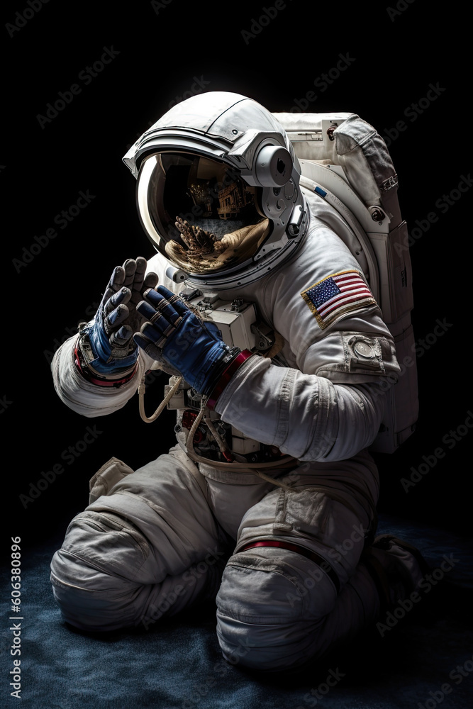 An astronaut in outer space to pray to the Lord. Cosmonaut with his ...