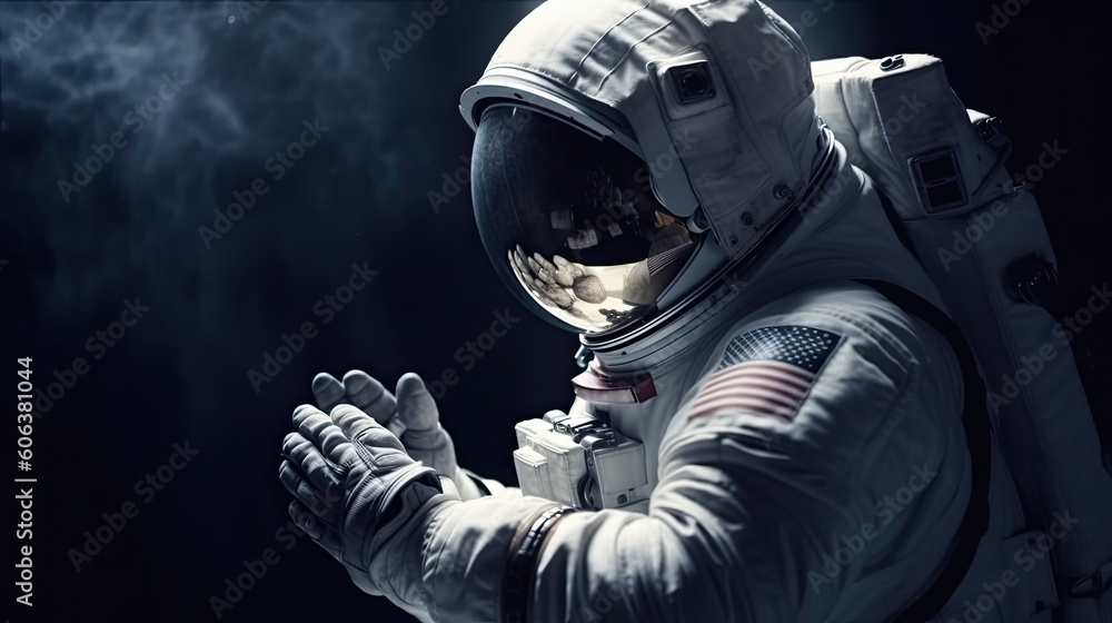 An astronaut in outer space to pray to the Lord. Cosmonaut with his ...