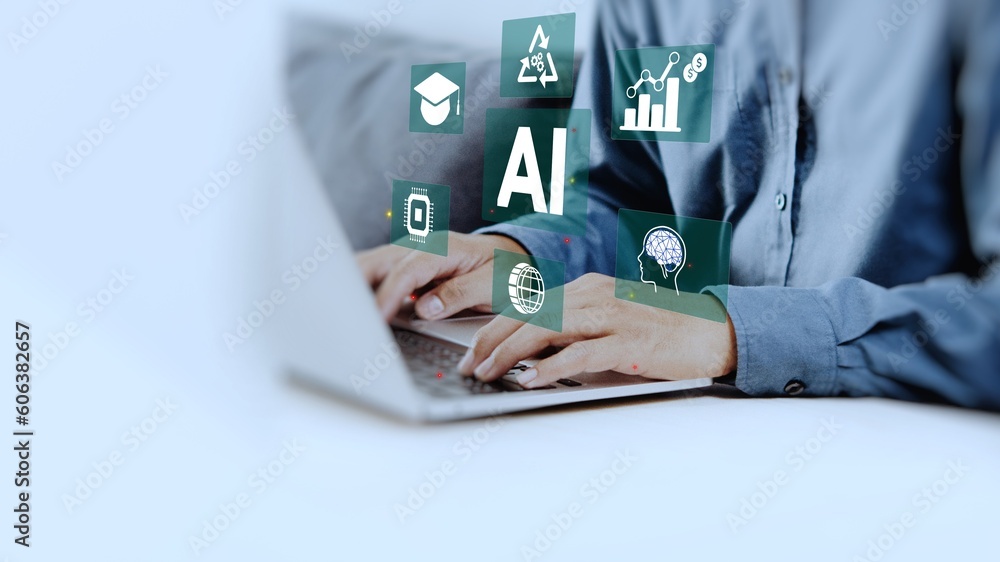 Human using computer chatting with an intelligent artificial ...