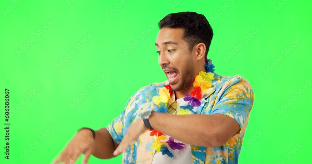 Man, dance and vacation shirt by green screen, studio background and ...