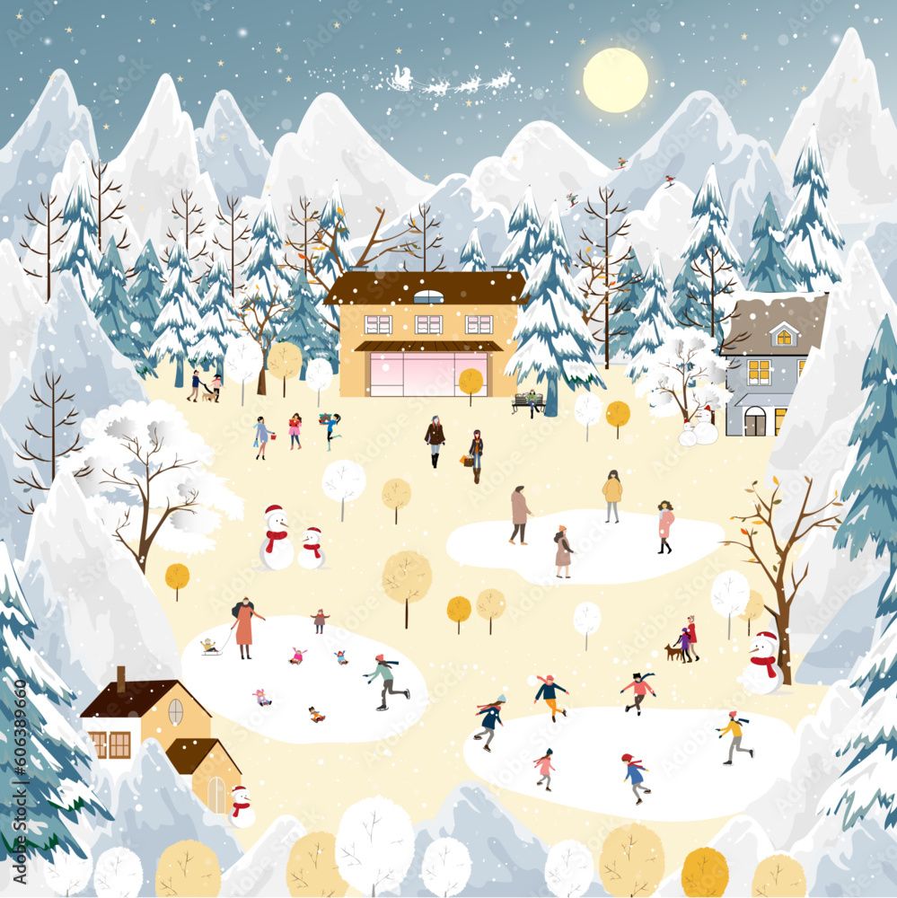 Winter landscape with snow fallingon Christmas night in village,Vector ...