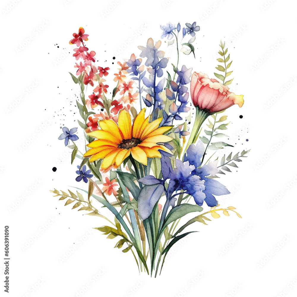 Watercolor Wild Flowers isolated on a transparent background, Floral ...