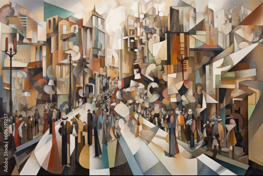 cubist painting of busy city street, with passersby and traffic visible ...