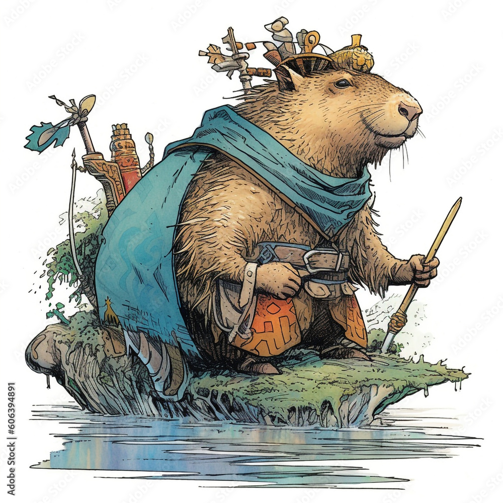 Fantasy illustration of Capybara merchant and traveler in comic style ...
