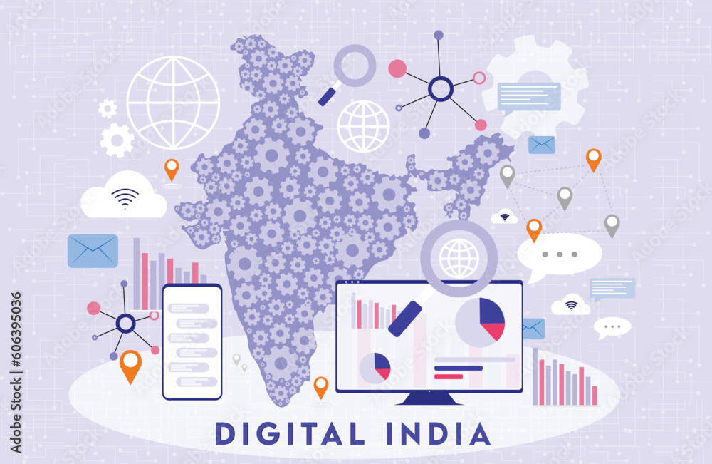 Digital India Map showing various concepts like Make in India ...
