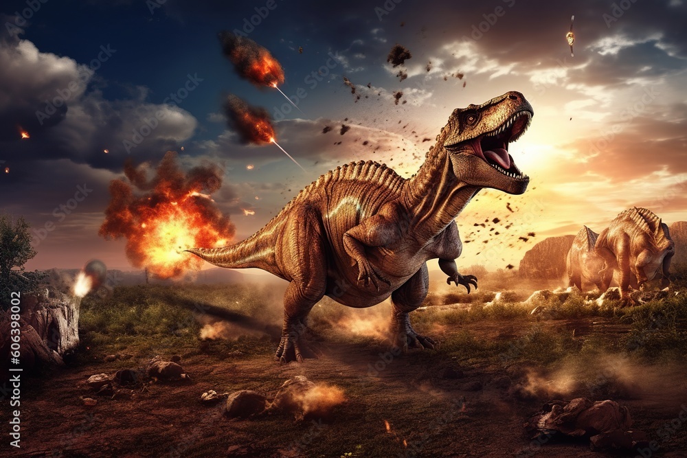 Poster, Foto Dinosaurs extinct with meteorite falling .Ai art, Aro ...