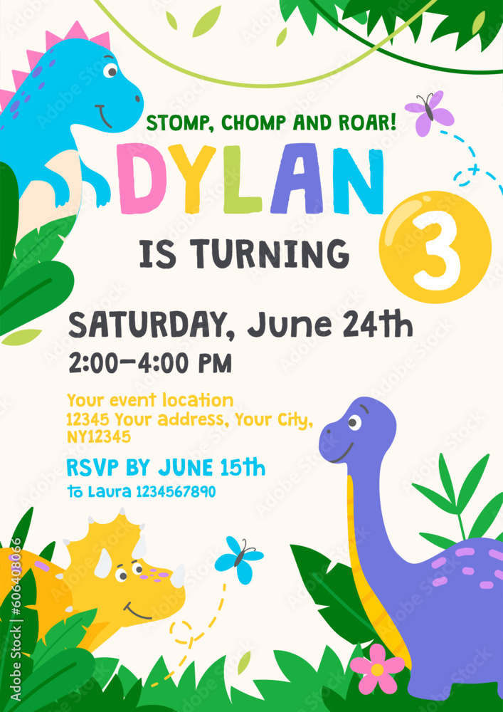 Poster Dinosaur Birthday party design template with cartoon characters ...