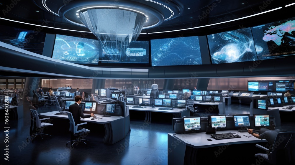 Poster, Foto A futuristic government control room with multiple video ...