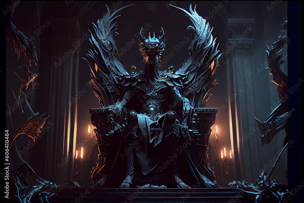 demon sits imposingly on a throne in dark hall illustration . AI Stock ...