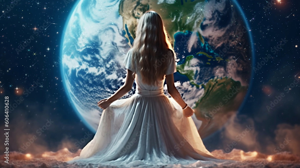 beautiful young woman in white dress stay on earth and watch starry sky ...