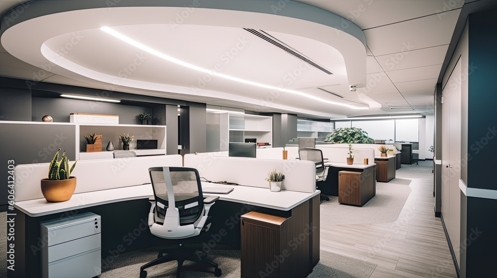 A modern government office cubicle with a sleek desk Stock Illustration ...