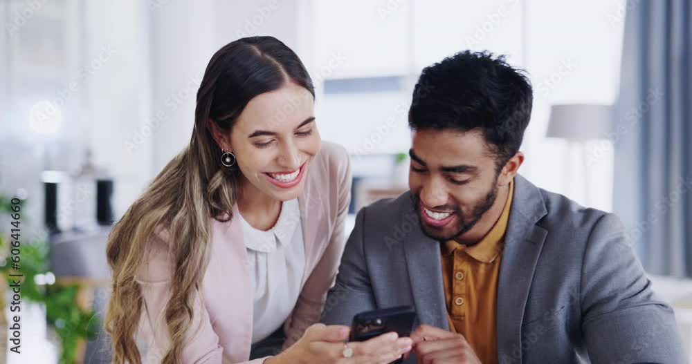 Phone, business people and friends in office laughing at joke, comedy ...