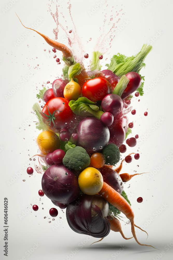 Levitation mix vegetables root crops and greens with drops of juice ...