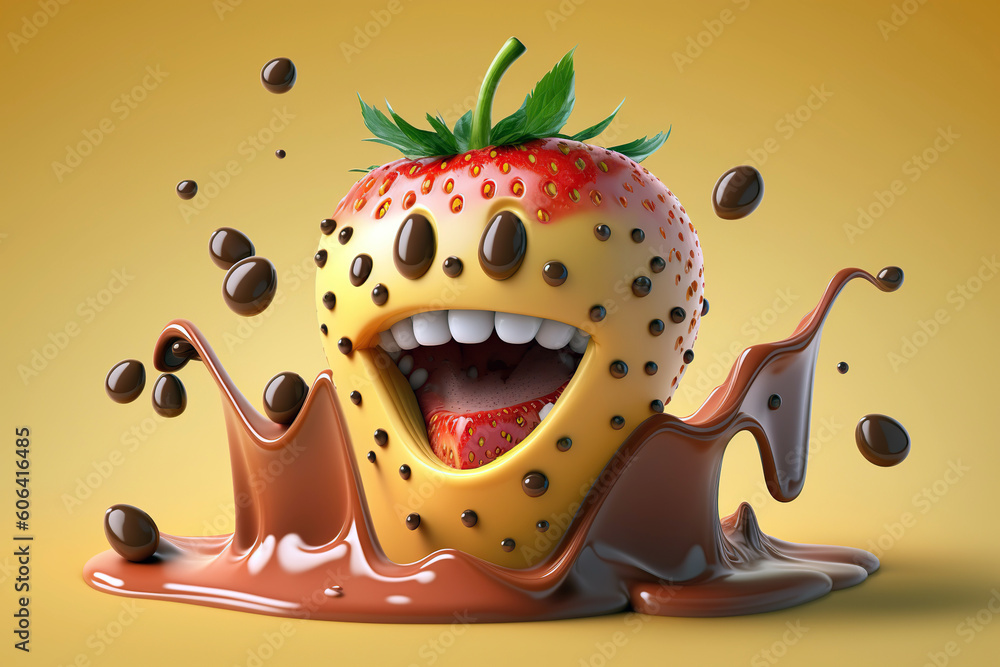Cartoon smiling strawberry with splash liquid chocolate Stock ...