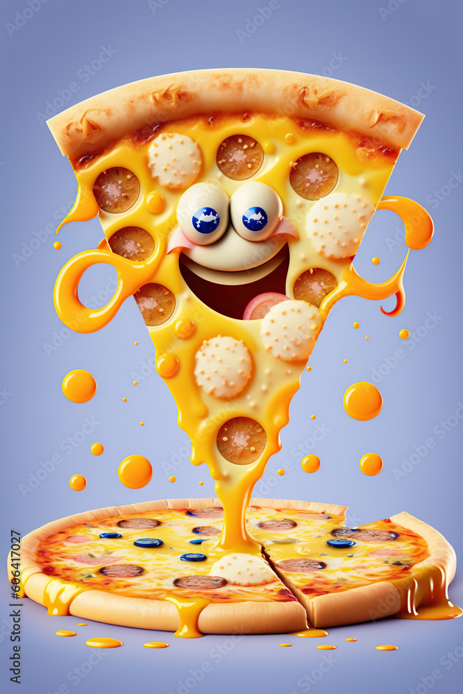 Levitation cartoon smiling, crazy pizza piece food splash, take out and ...