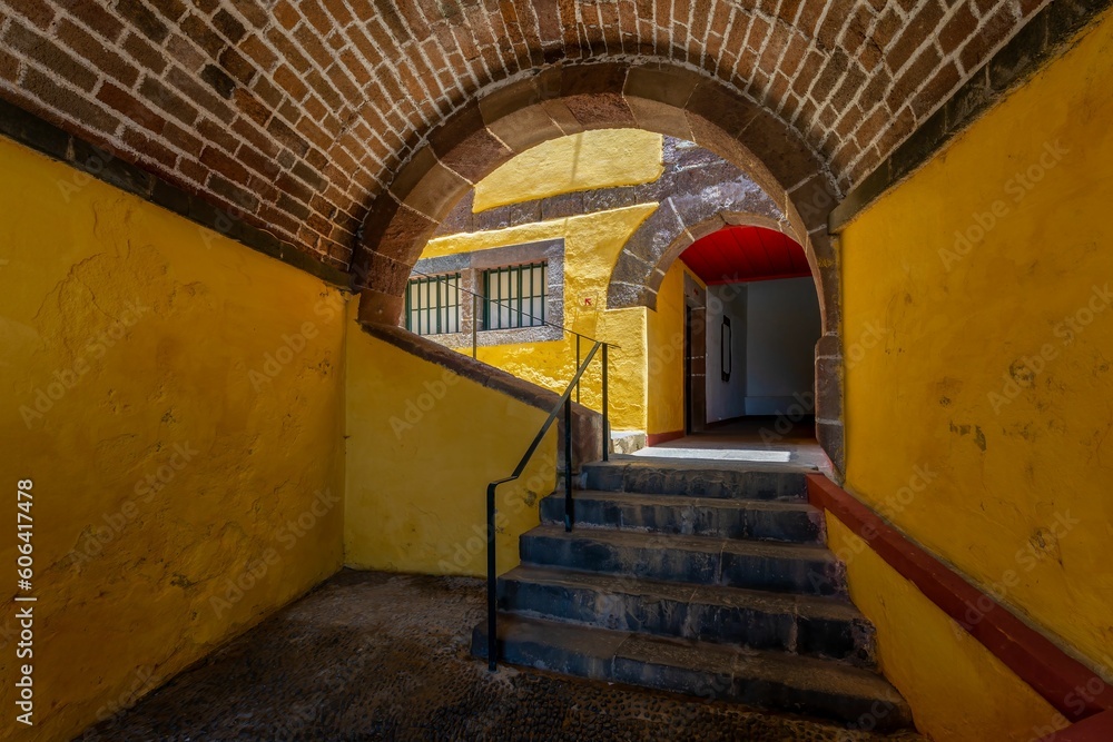 Old interior design and stairs of the Yellow castle of Sao Tiago in ...