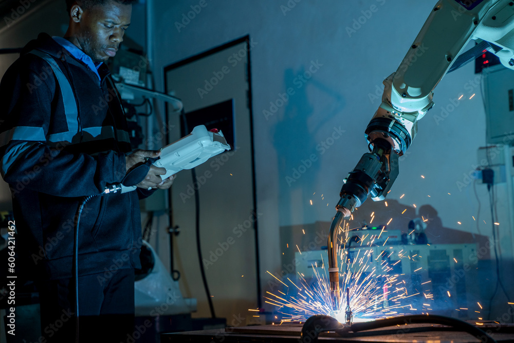 Engineer inspection control a robot arm welding machine with a remote ...