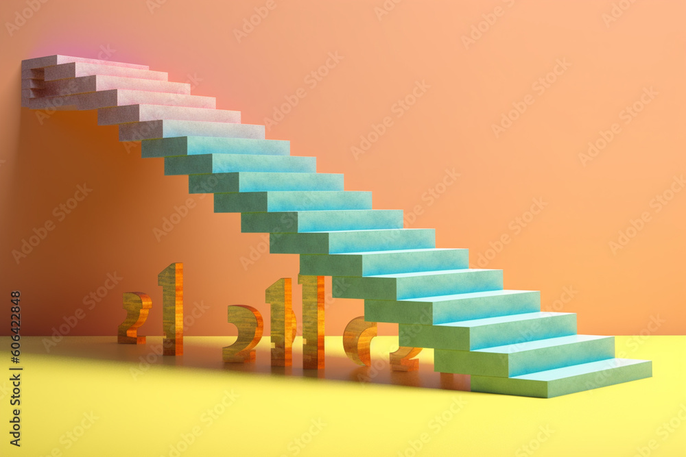 A minimalist graphic design of a descending staircase with dollar signs ...