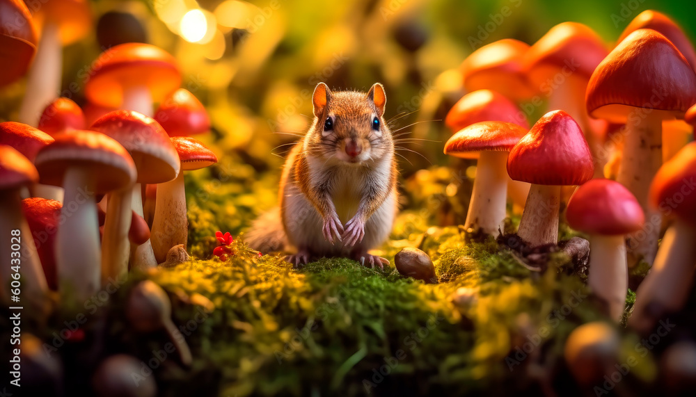 Miniature chipmunk among many cute Amanita muscaria.AI generated Stock ...