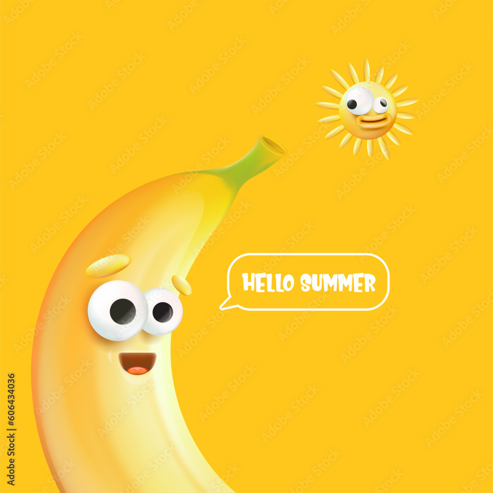 Hello summer square banner with cartoon sun and funky banana character ...