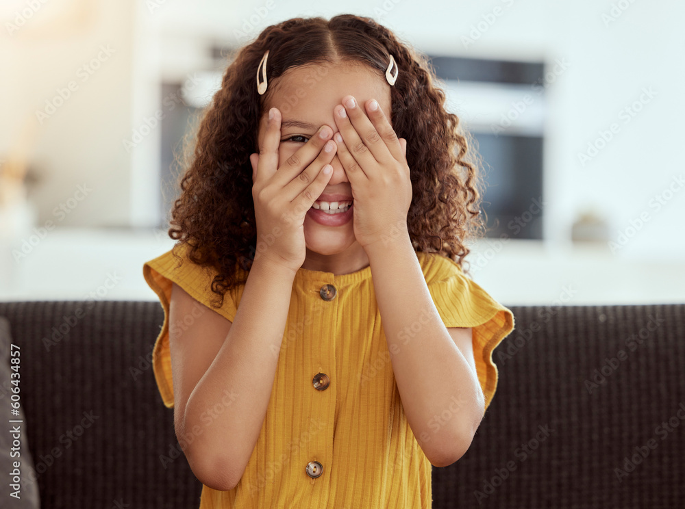 Hide and seek, kid and girl portrait with hands to face in a home with ...