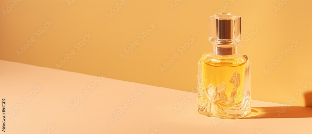 Transparent bottle of perfume on a yellow background, Fragrance ...