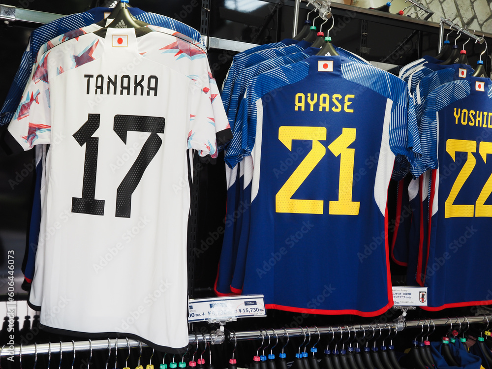 TOKYO, JAPAN - May 17, 2023: Japan national team football shirts in a ...