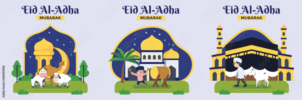 Eid Al-Adha Mubarak, animal qurban sheep, cow and camel, boy hit the ...