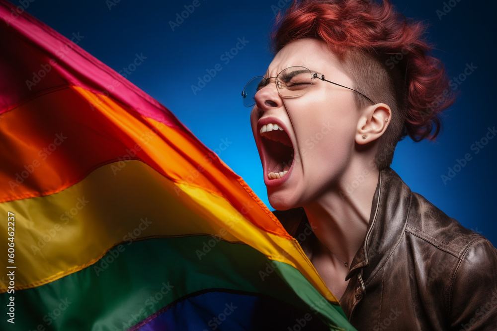Expressive Generative AI pride photo of a lesbian with a rainbow flag ...