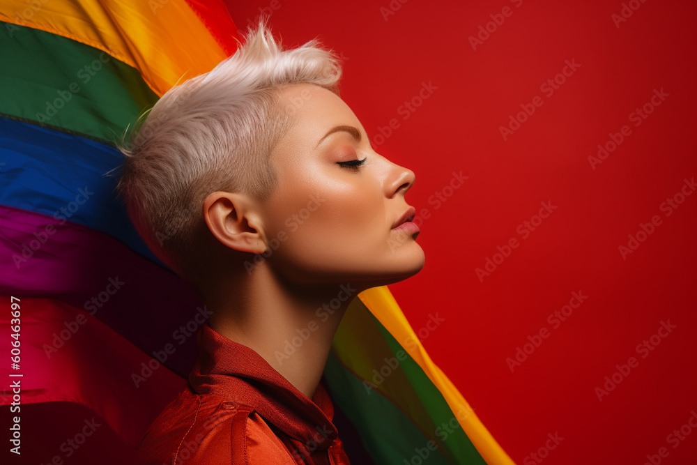 Expressive Generative AI pride photo of a lesbian with a rainbow flag ...