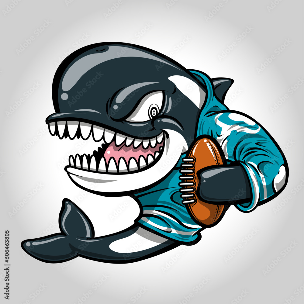 Whale holding a rugby ball. Whale laughing with rugby uniform, mascot ...