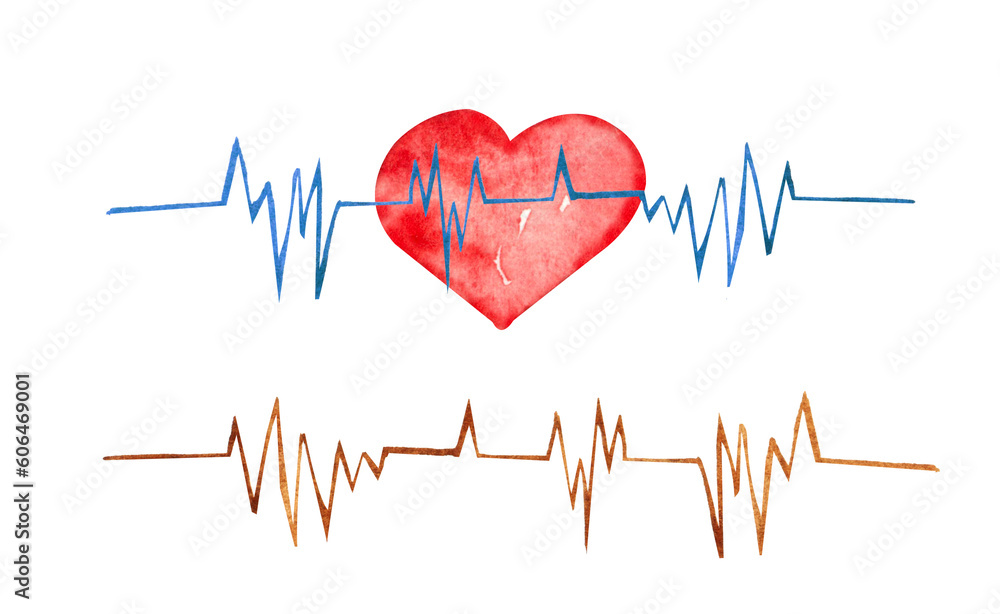Watercolor Heartbeat line with a red heart and a blue cardiogram. Stock ...