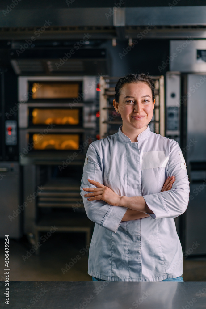 smiling beautiful woman baker in uniform stands near the oven before ...