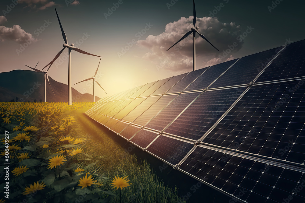 Renewable energy background with green energy as wind turbines and ...