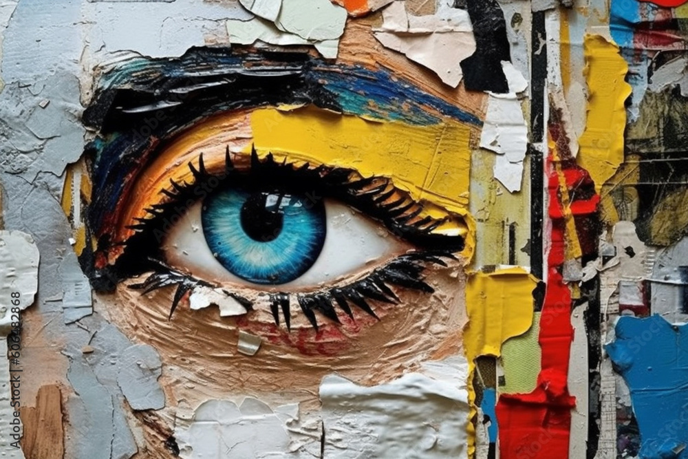 A mixed media collage artwork combining torn paper, paint, and other ...