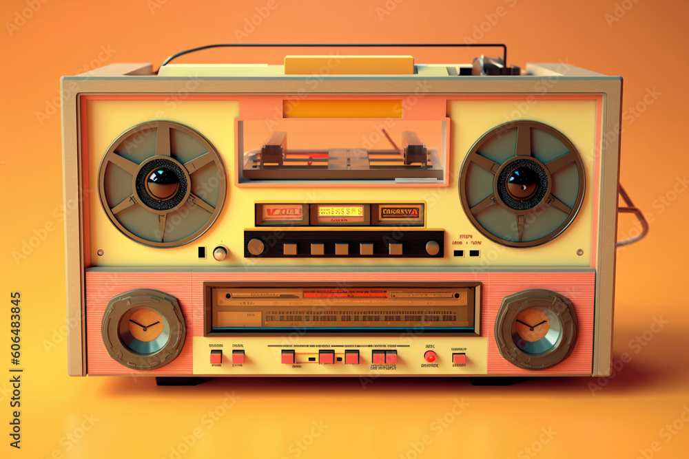 A photograph of a vintage cassette player with an open tape deck, ready ...