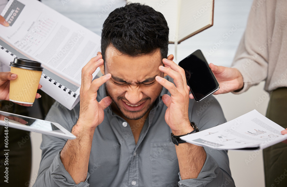 Business man, stress headache and burnout from work chaos and company ...