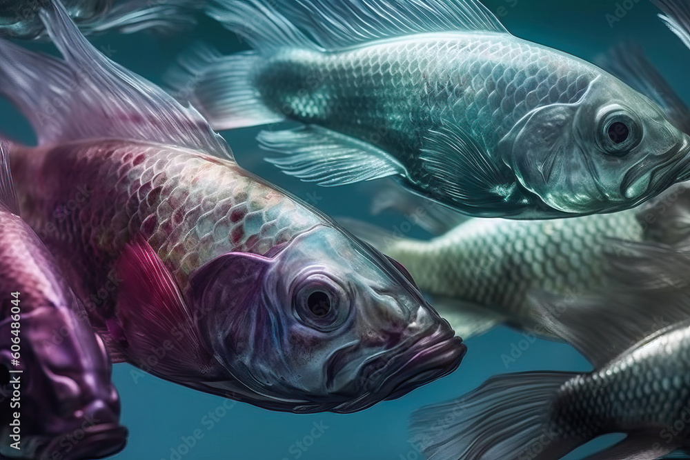 Generative AI illustration of group of colorful fish with shinning ...