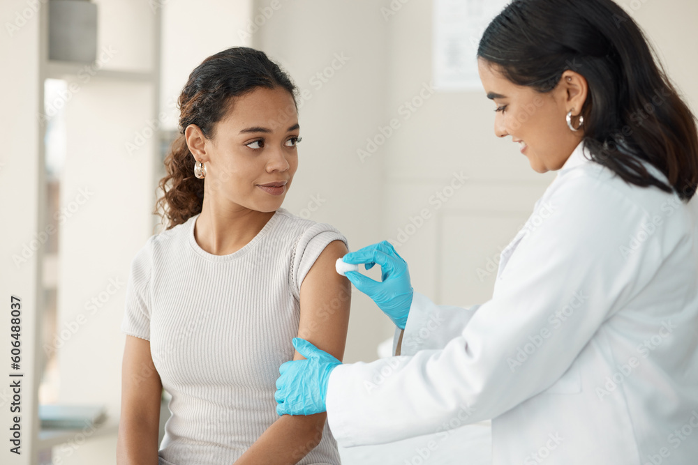 Patient, consultation and cotton with doctor for vaccine for wellness ...