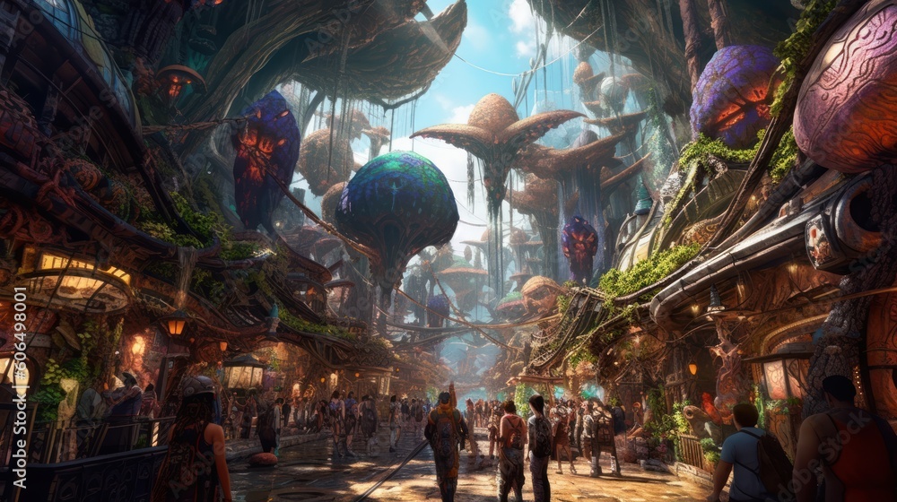 Bustling marketplace on an alien planet, filled with exotic alien ...