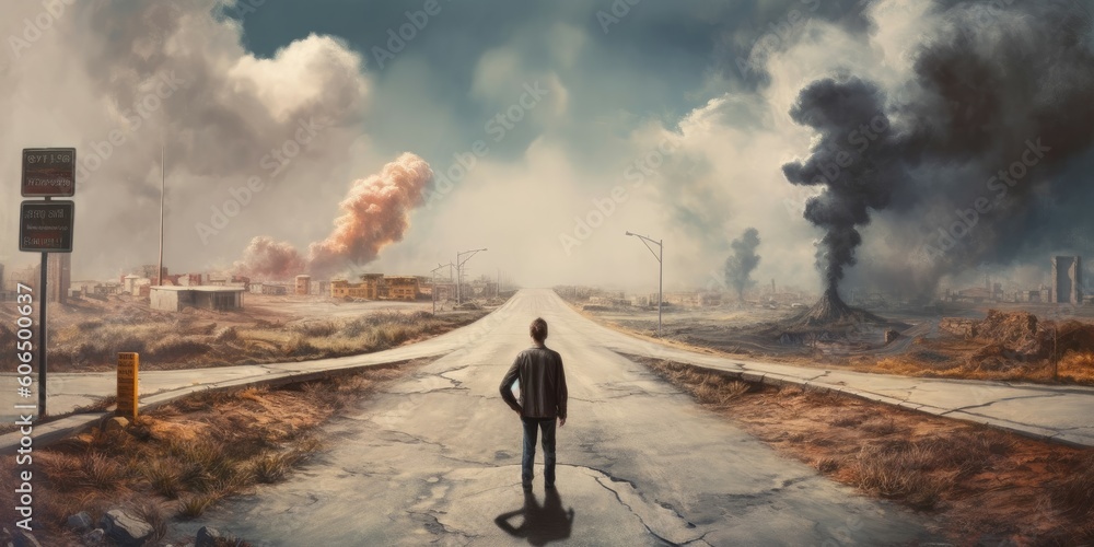 Roads and buildings were destroyed. Future world concept. Generative AI ...
