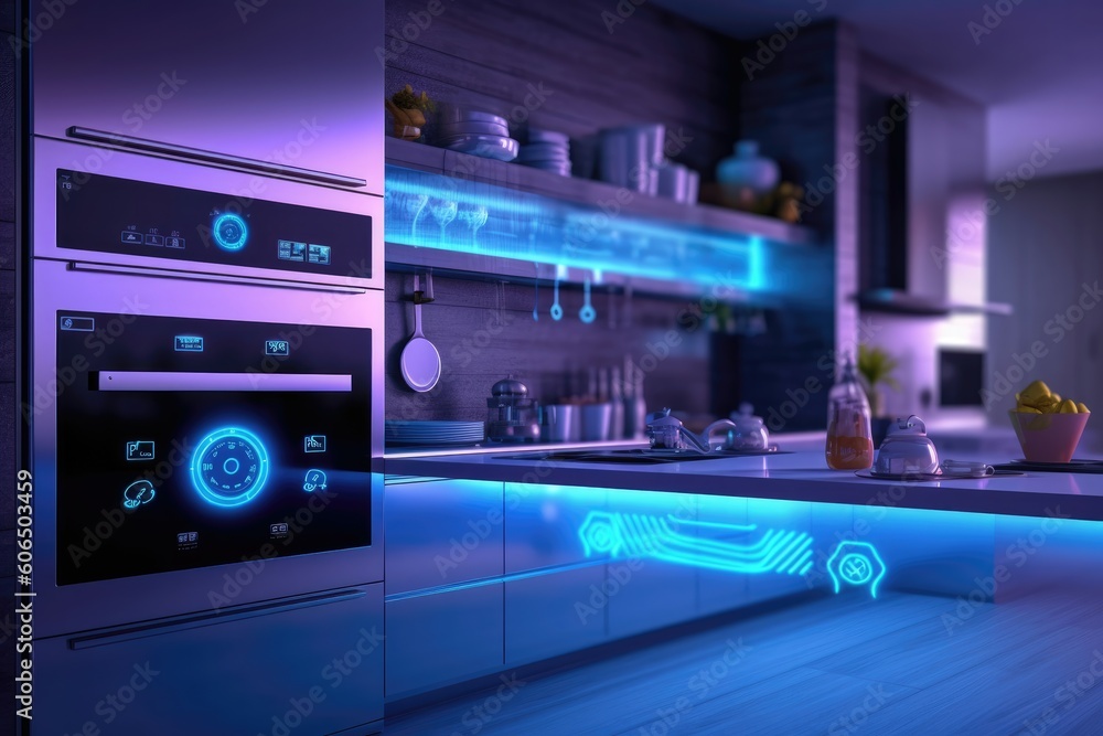 Kitchen with smart appliances with display screen and a smart oven with ...